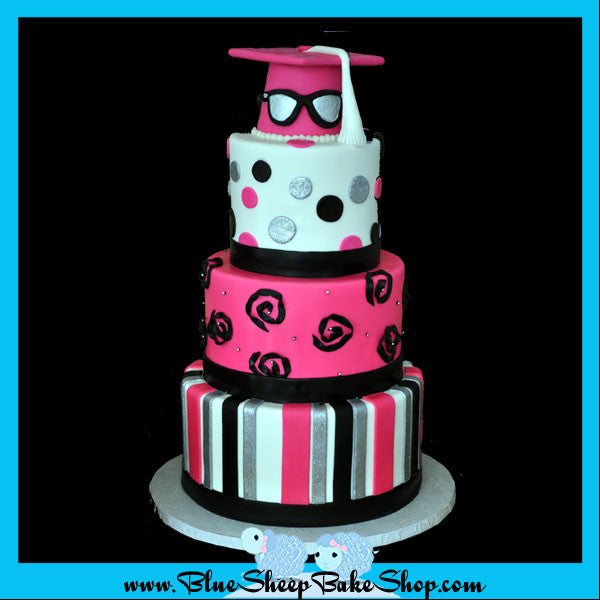 Pink, Black, and White Graduation Cake – Blue Sheep Bake Shop