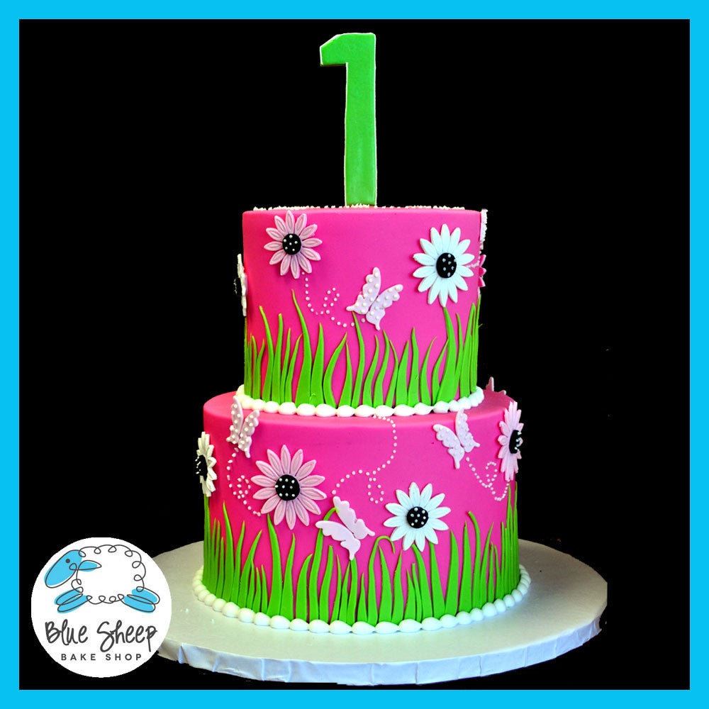 Pink Gerbera Daisy 1st Birthday Cake – Blue Sheep Bake Shop
